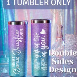 Onebttl Bonus Daughter Gifts, Gifts for Bonus Daughter on Birthday, Christmas or Thanksgiving, 20oz Stainless Steel Travel Mug with Lid and Straw - Best Bonus Daughter Ever Purple Blue