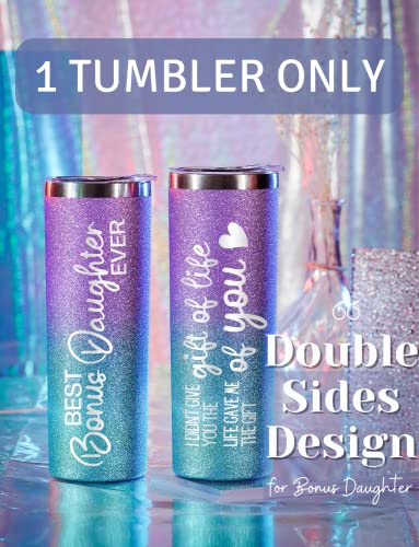 Onebttl Bonus Daughter Gifts, Gifts for Bonus Daughter on Birthday, Christmas or Thanksgiving, 20oz Stainless Steel Travel Mug with Lid and Straw - Best Bonus Daughter Ever Purple Blue