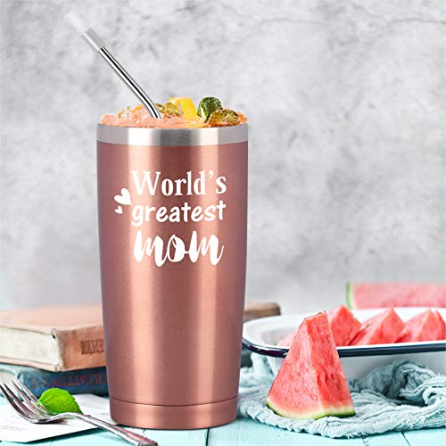 Cpskup Mother's Day Gifts-World's Greatest Mom Travel Tumbler Cupcake Socks Set, Mother's Day Birthday Gifts for Mom Mother Mama New Mom, 20oz Insulated Stainless Steel Tumbler with Lids, Rose Gold