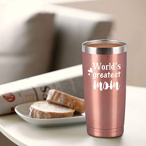 Cpskup Mother's Day Gifts-World's Greatest Mom Travel Tumbler Cupcake Socks Set, Mother's Day Birthday Gifts for Mom Mother Mama New Mom, 20oz Insulated Stainless Steel Tumbler with Lids, Rose Gold