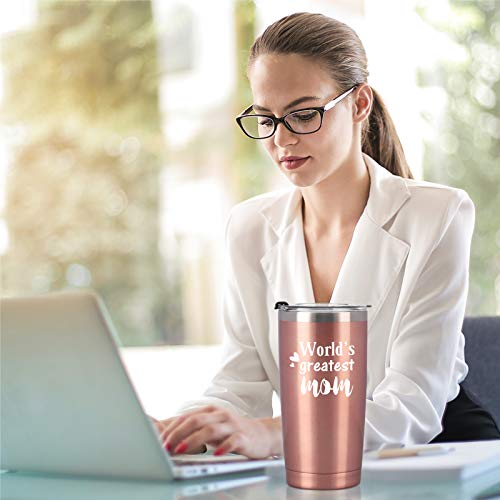 Cpskup Mother's Day Gifts-World's Greatest Mom Travel Tumbler Cupcake Socks Set, Mother's Day Birthday Gifts for Mom Mother Mama New Mom, 20oz Insulated Stainless Steel Tumbler with Lids, Rose Gold