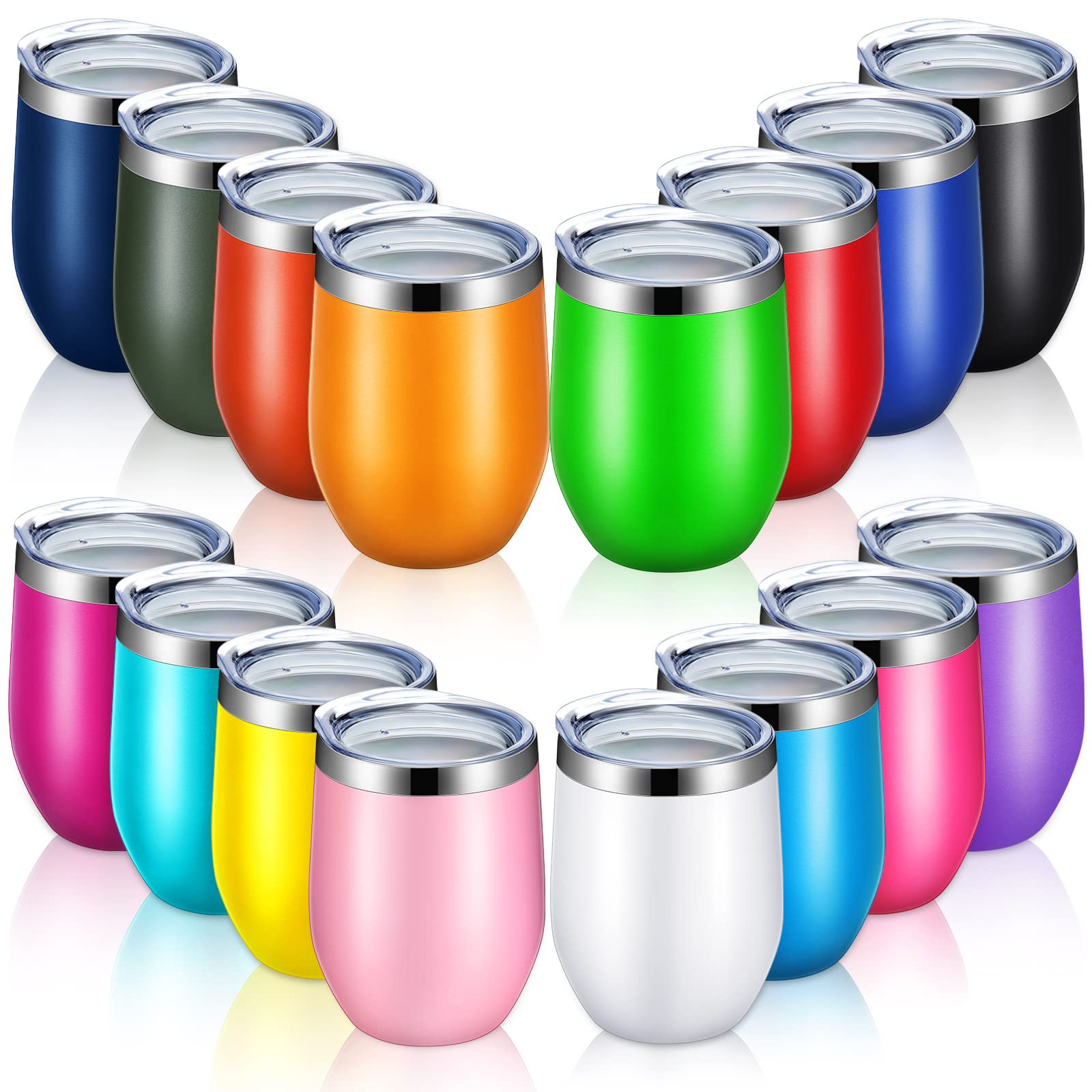 16 Packs Stainless Steel Wine Tumblers with Lids, 12 oz Insulated Wine Tumbler Stemless Double Wall Vacuum Wine Glass Coffee Tumbler Bulk Drinking Cup for Hot or Cold Drink Soda Whiskey, 16 Colors