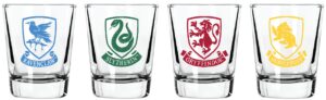 harry potter shot glass set - 2 oz. capacity - set of 4 glasses - gryffindor, slytherin, hufflepuff, ravenclaw