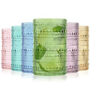 zoofox set of 6 vintage drinking glasses, 12 oz colored hobnail glasses tumbler, embossed design glass tumblers set for water, beverages, juice, beer, cocktail, whiskey, milk