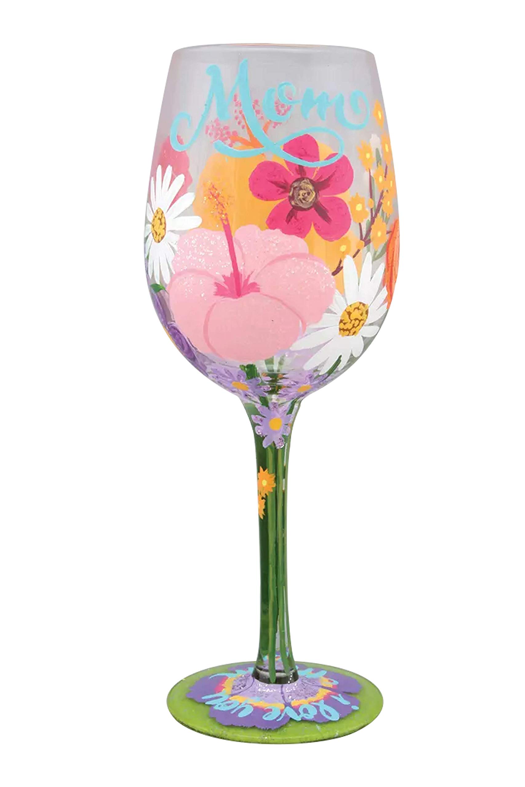 Enesco Designs by Lolita I Love You Mom Flowers Artisan Hand-Painted Wine Glass, 1 Count (Pack of 1), Multicolor