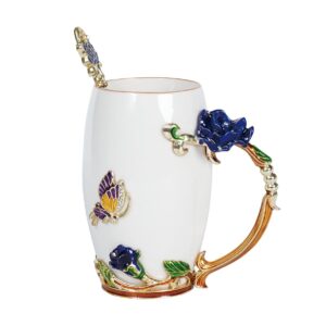 fancy tea cup with rose flower butterfly, coffee mugs for women ceramic with spoon, handmade and unique gifts for women