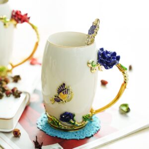 Fancy Tea Cup with Rose Flower Butterfly, Coffee Mugs for Women Ceramic with Spoon, Handmade and Unique Gifts for Women