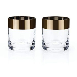 Viski Irving Bronze Rim Crystal Lowball Tumblers Set of 2 - Premium Crystal Clear Cocktail Glass Bronze Rimmed Glassware, Stylish Lowball Whiskey Glass Gift Set, 8 oz