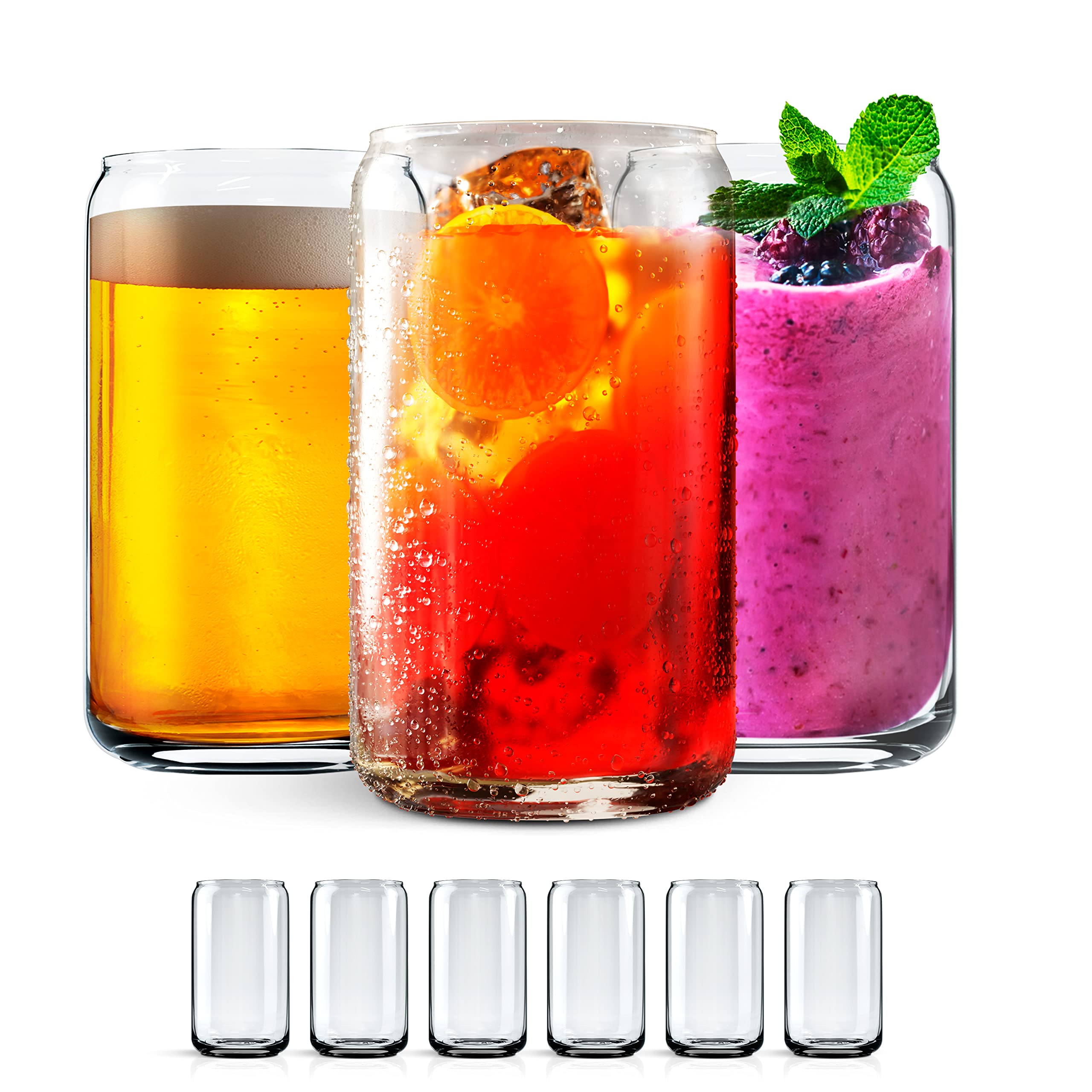 Leavenworks Beer Can Shaped Glass | 16 oz | Aesthetic Cups Used For Iced Coffee, Smoothies, Soda, Beer, Water Tumblers | Unique Glass Cups Set | Dishwasher-safe Glassware (6 Pack)