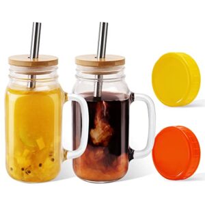 luium mason jars with handle -2 pack 24oz mason jar drinking glasses with lid and straw, mason jar cups, mason jar mugs for iced coffee, milkshake, smoothie, plastic airtight lids for food storage