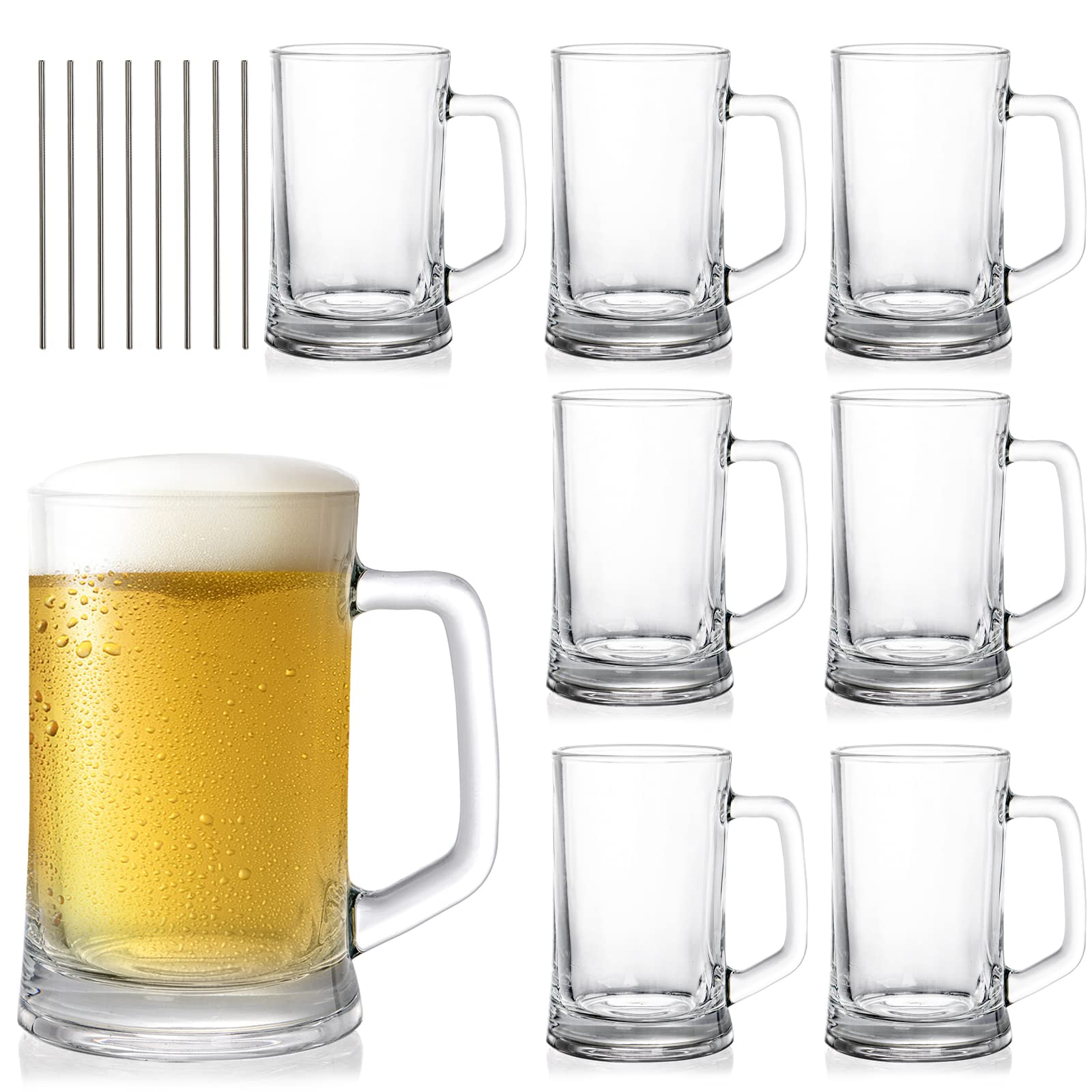 SOUJOY 8 Pack Glass Beer Mug, 12 Oz Beer Glass Stein with Handle and Straw, Clear Lead-Free Freezer Beer Cup Heavy Drinking Glass for Beer, Milk, Juice, Bar, Beverages