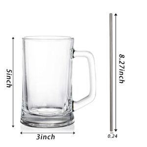 SOUJOY 8 Pack Glass Beer Mug, 12 Oz Beer Glass Stein with Handle and Straw, Clear Lead-Free Freezer Beer Cup Heavy Drinking Glass for Beer, Milk, Juice, Bar, Beverages