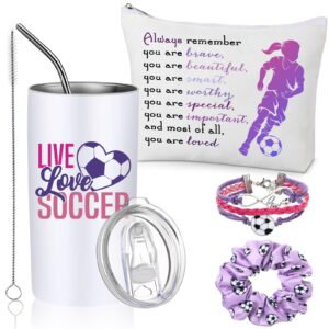 4 pieces girls soccer gifts soccer water bottle tumbler 14oz soccer zipper gift bags pouch soccer bracelet jewelry soccer scrunchies for girls graduation soccer gift