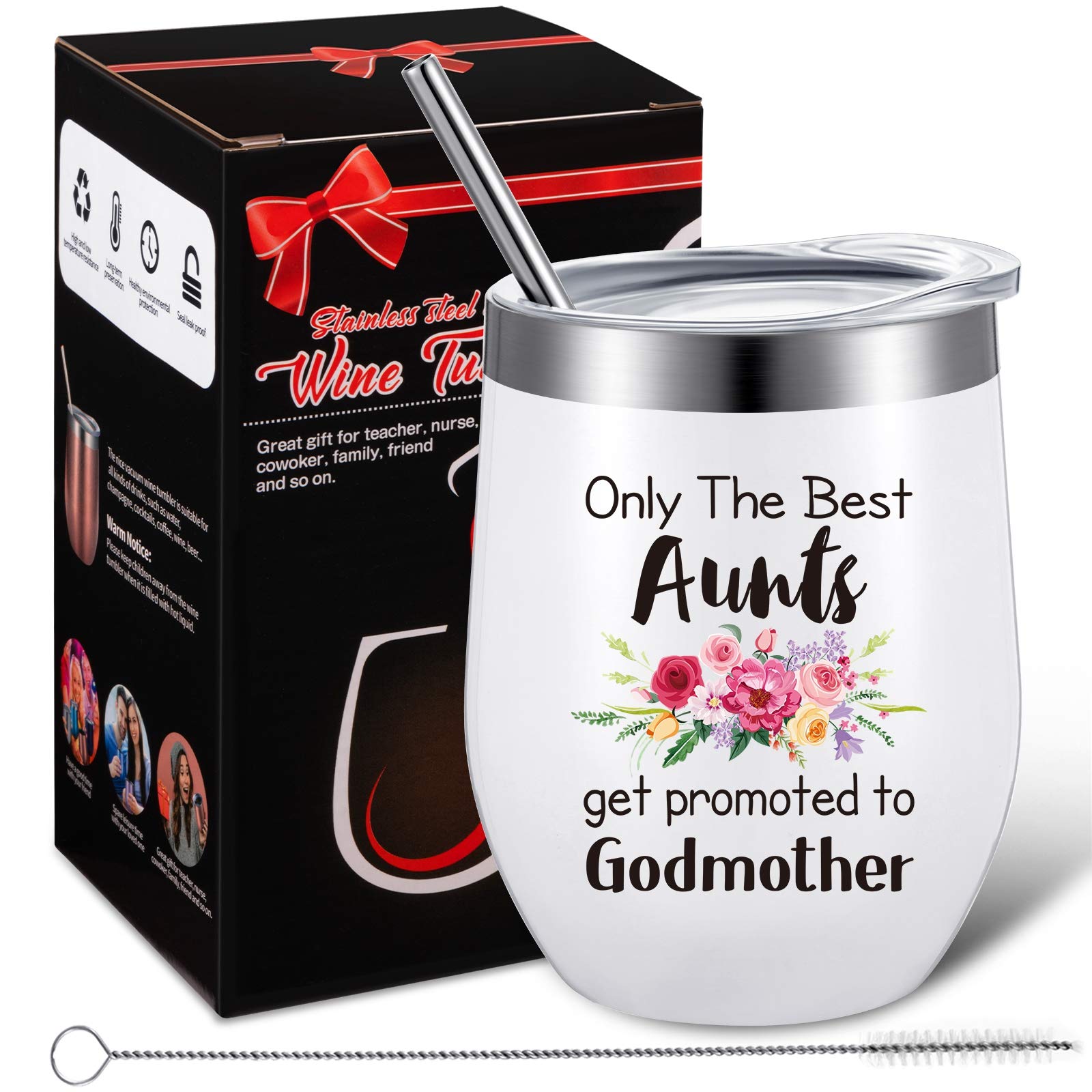 Only The Best Aunts Get Promoted To Godmother Coffee Mug, Aunt Godmother Gift for Mother's Day, Birthday, Christmas,Thanksgiving Day, 12 oz Wine Tumbler with Lid Straw and Brush