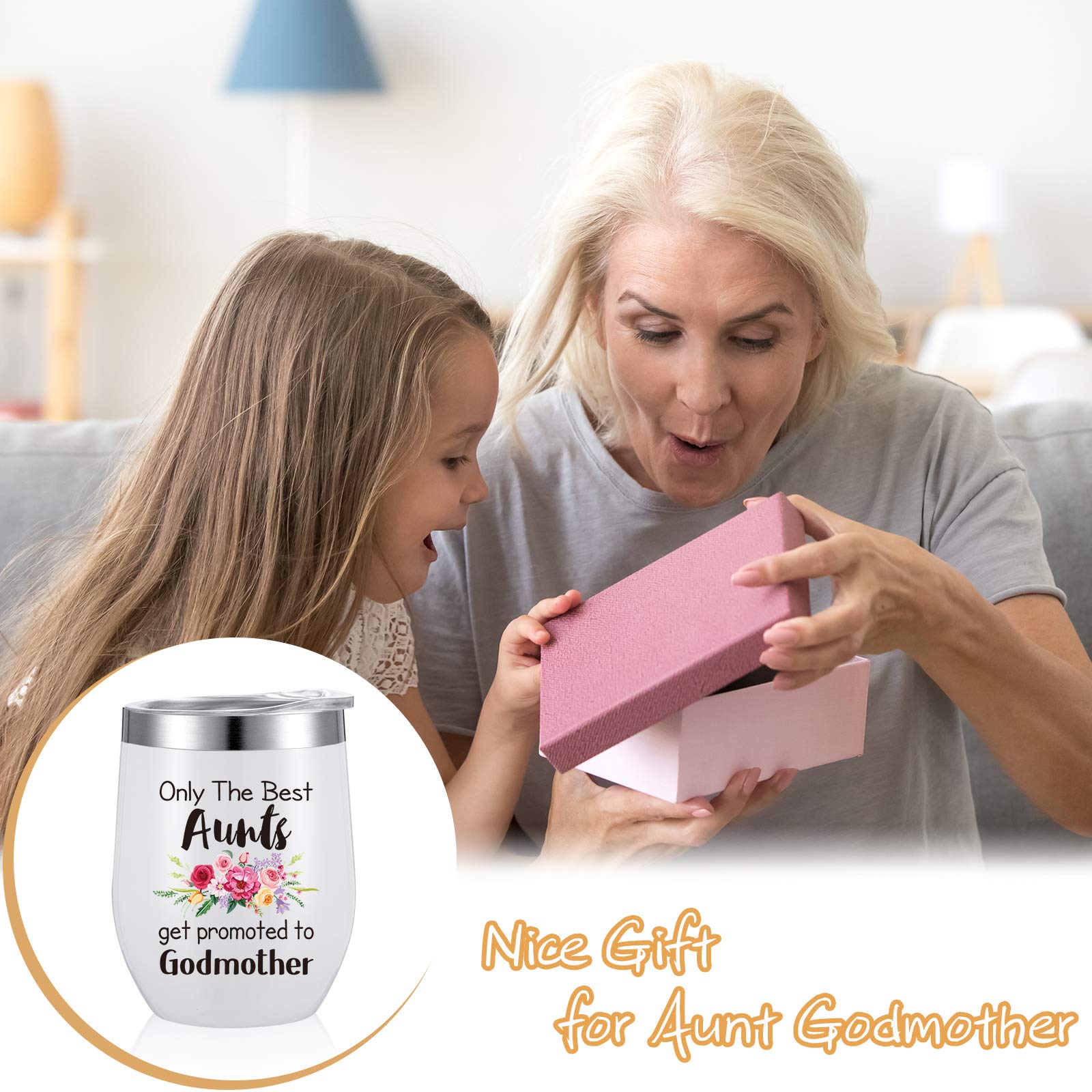 Only The Best Aunts Get Promoted To Godmother Coffee Mug, Aunt Godmother Gift for Mother's Day, Birthday, Christmas,Thanksgiving Day, 12 oz Wine Tumbler with Lid Straw and Brush