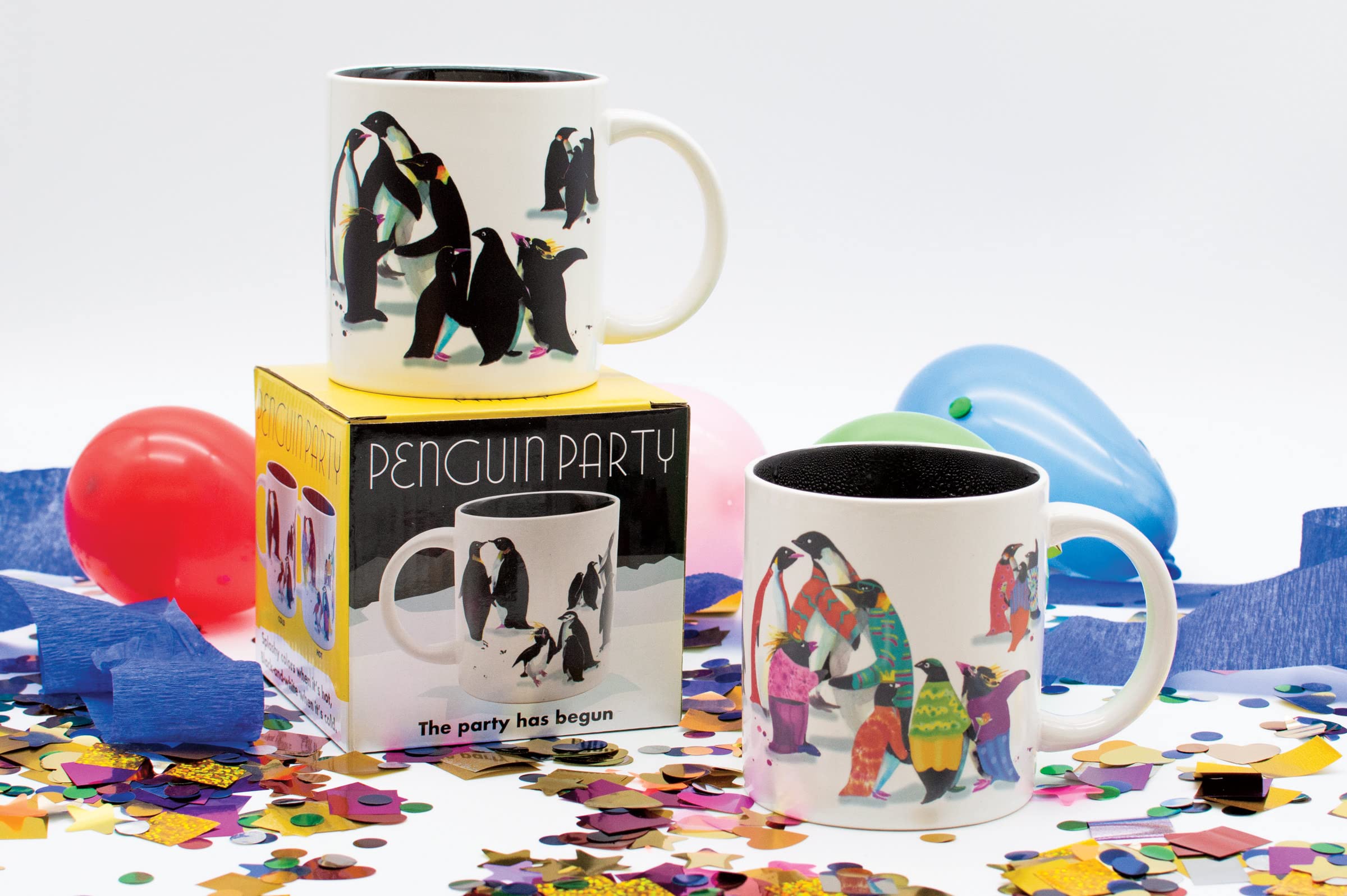 The Unemployed Philosophers Guild Penguin Party Heat Changing Color Transforming Reveal Mug - Add Coffee and the Penguins Start the Festivities