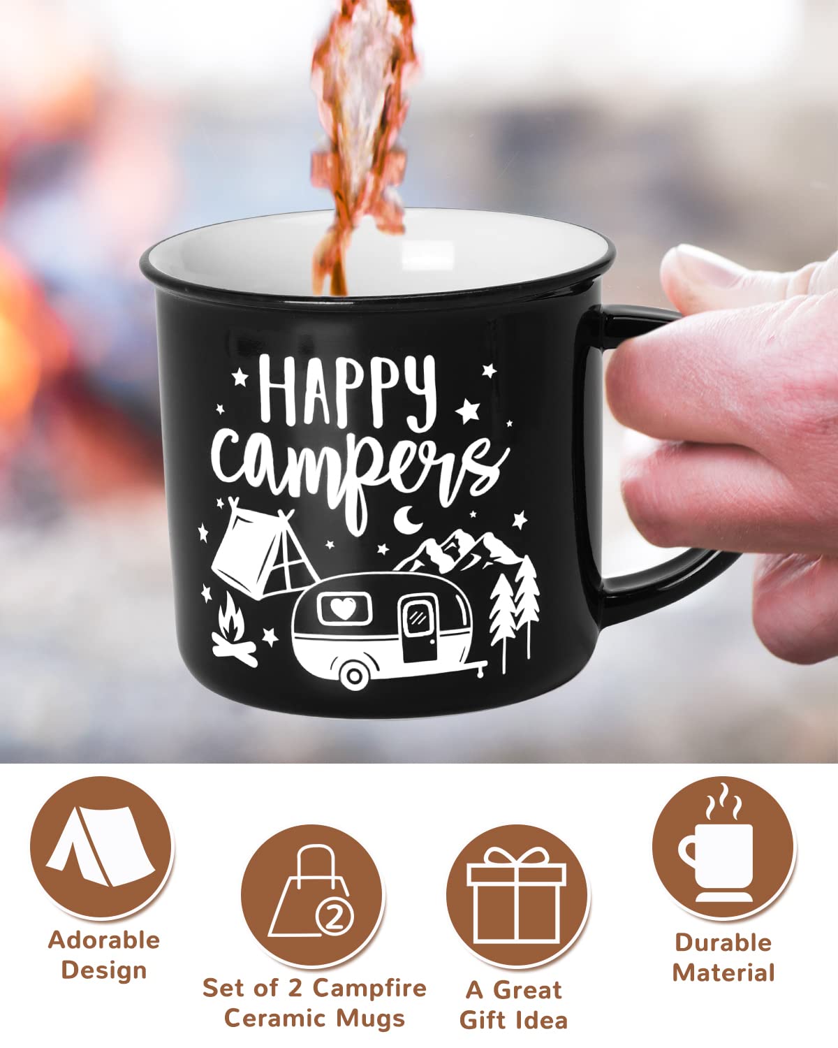 Nefelibata Camping Coffee Mug Christmas Gifts Camping Tea Cups Travel Drinking mugs for Couples, Ceramic Mug His and Hers Anniversary Present Gifts Set of 2