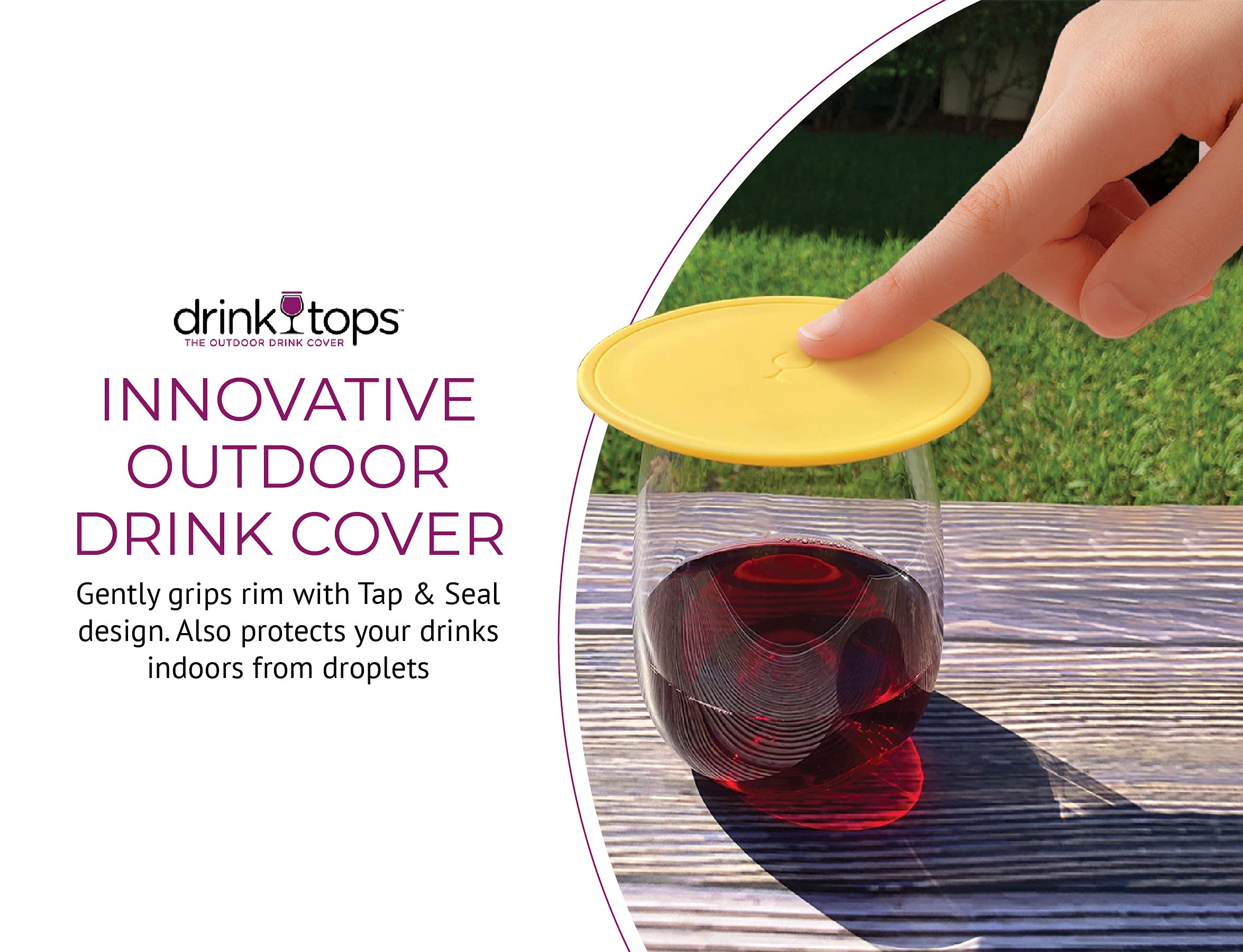 Coverware Drink Tops Tap & Seal Outdoor Drinking Glass Cover - Gently Suctions to Glasses to Keep Particles Out & Reduce Splashing - For Wine Glasses, Coffee & Tea Mugs, Beverage Glasses - 4 Pack