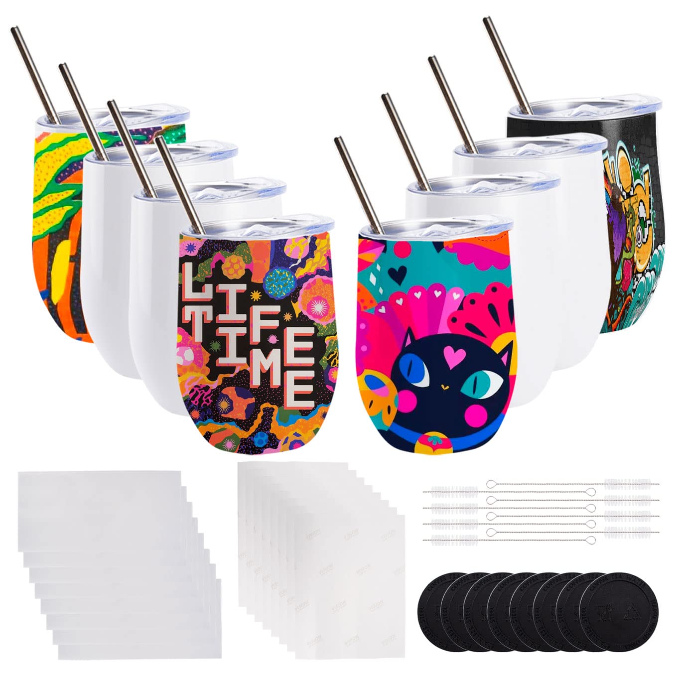 8 Pack 12 OZ Sublimation Tumblers bulk,Sublimation Tumblers White With No Handle,Lid,Straw,Shrink Films,Boxed Cover Insulated Travel Tumblersfor Iced Coffee Juice Soda Drinks Cocktail,DIY Gift