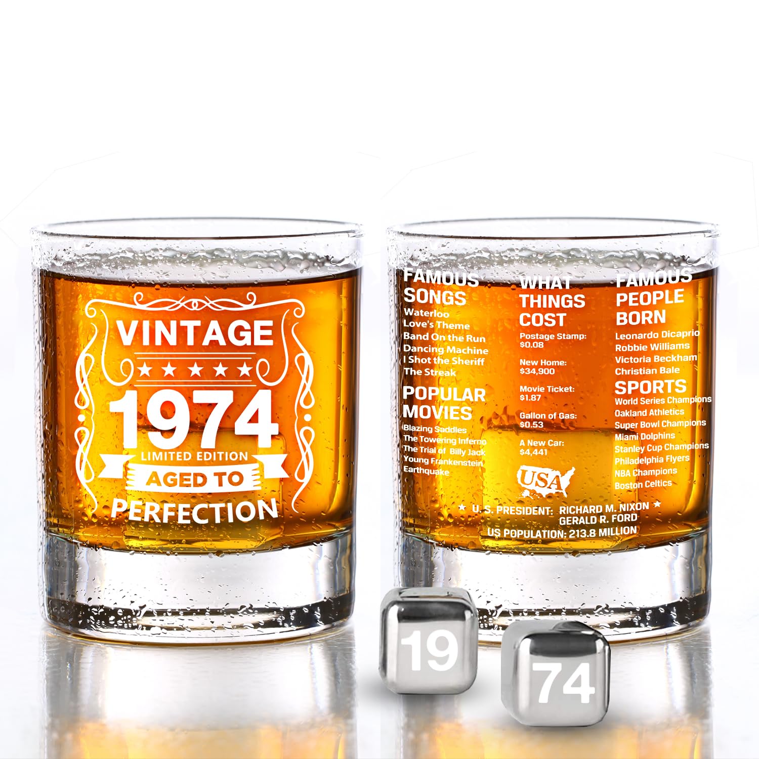 Old Fashioned Glasses 1974-Vintage 1974 old time information 10.25oz Whiskey Rocks Glass -50th Birthday Aged to Perfection - 50 years old gifts Bourbon Scotch Lowball Old Fashioned-1PCS