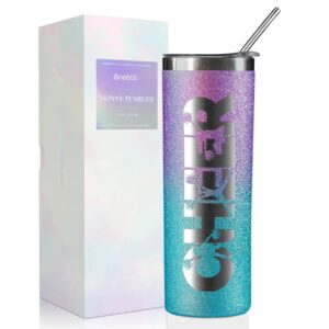 onebttl cheerleader glitter tumbler gifts for girls - cheer - 20oz/590ml stainless steel insulated tumbler with straw, lid - gift for cheerleading, coach or cheer squad - (purple-blue gradient)