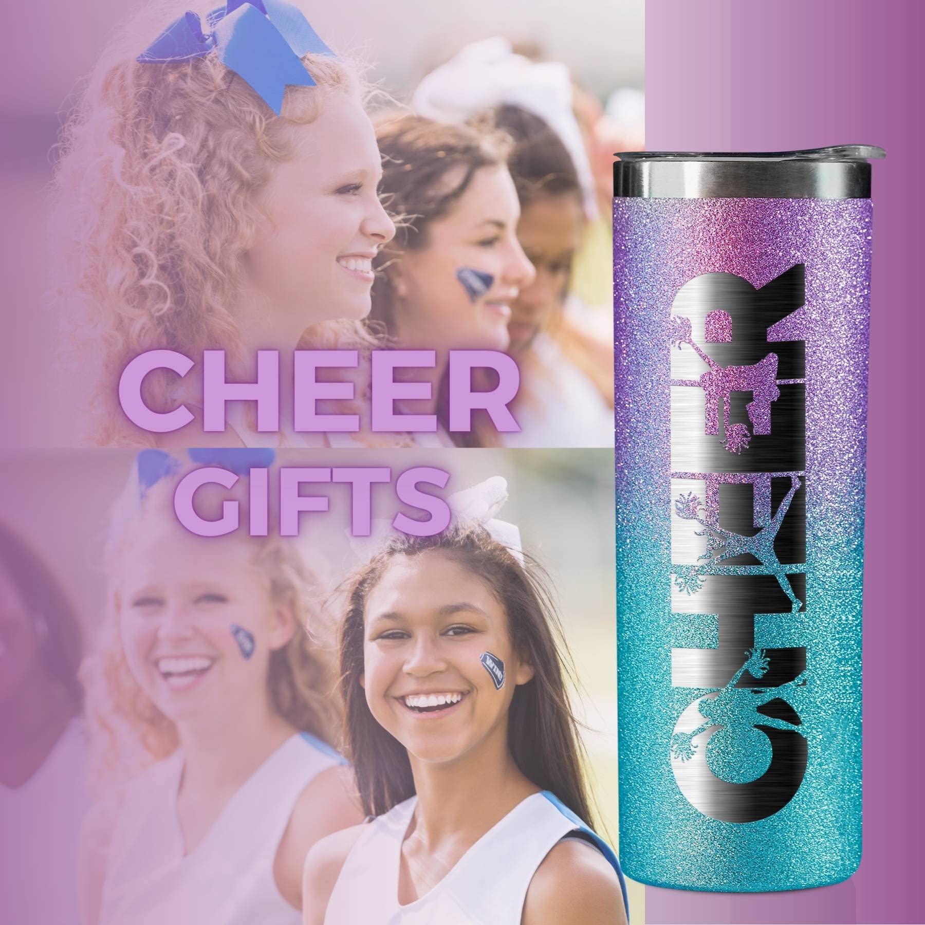 Onebttl Cheerleader Glitter Tumbler Gifts For Girls - Cheer - 20oz/590ml Stainless Steel Insulated Tumbler with Straw, Lid - Gift for Cheerleading, Coach or Cheer Squad - (Purple-Blue Gradient)