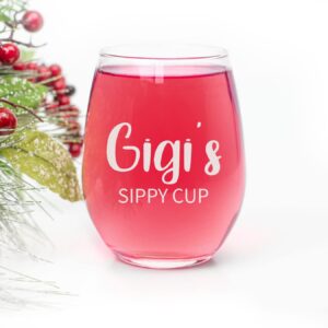 HTDesigns Gigi's Sippy Cup Stemless Wine Glass - Mother's Day Gift Gigi Wine Gift - First Time Gigi New Gigi Gift - Gigi Wine Glass