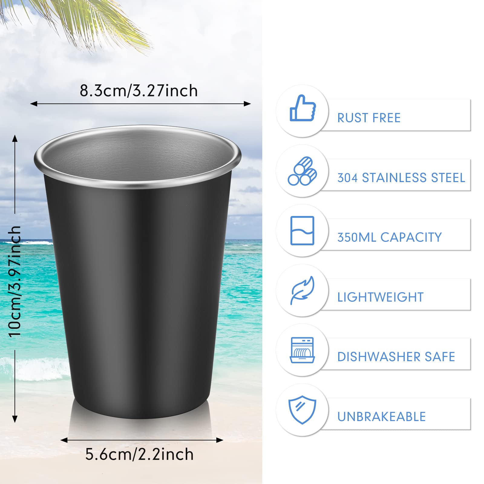 10 Packs Stainless Steel Cups Unbreakable 12 oz Pint Tumbler Stackable Metal Cup Black Drinking Glasses Shatterproof Cup Tumblers Drinking Cups for Birthday Party Camping Travel Outdoors Supplies