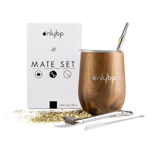 onlybp - argentinian mate kit, includes yerba mate cup, 2 straws, and cleaning brush (wood)