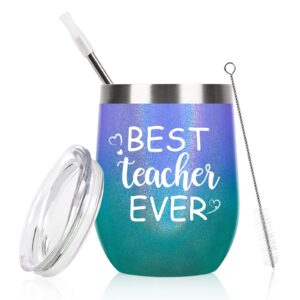 qtencas teacher gifts, best teacher ever tumbler with lid, thank you appreciation gifts for teacher women on birthday christmas, 12 oz insulated stainless steel wine tumbler, glitter