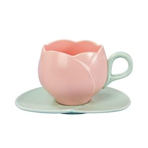 viverie 10 oz pink flower teacup and saucer - leaf heart tea cup saucer, cute coffee mug, tea mug, hot teacup set, tea accessories for women, mom, friends, birthday, christmas gift, pink christmas mug