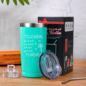 Teachers Plant Seeds That Grow Forever, Thank You Teacher Appreciation for Women Men, Double Wall Stainless Steel Wine Tumbler Cup with Box, Thanksgiving (Mint)