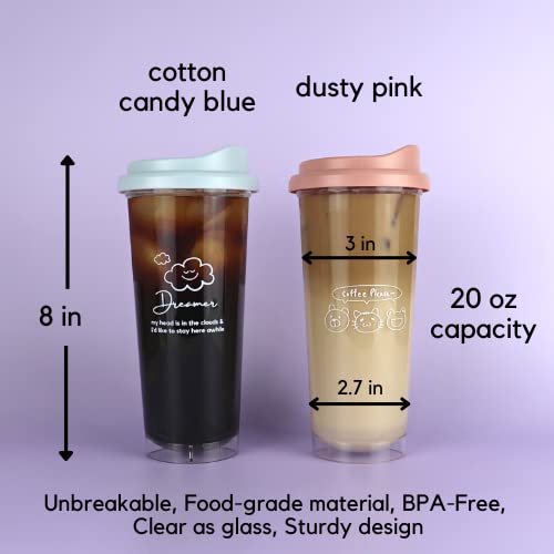 ggümm studio 2-PACK of 20oz Plastic Coffee Cup with Lid, BPA-free Ice Coffee Cup, Reusable Cup Set for Iced Coffee