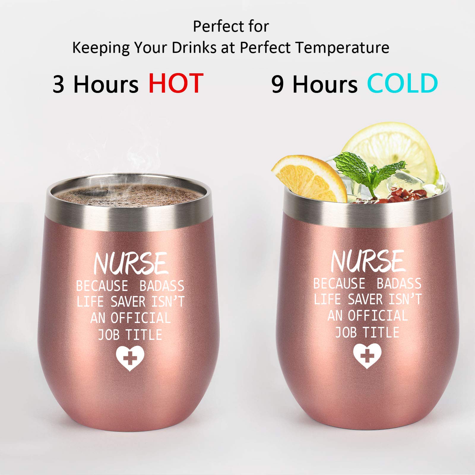 Qtencas Nurse Appreciation Gifts for Women, Nurse Because Badass Stainless Steel Wine Tumbler with Lid, Funny Birthday Christmas Gifts for Nurse Friends Coworkers Sister(12oz, Rose Gold)