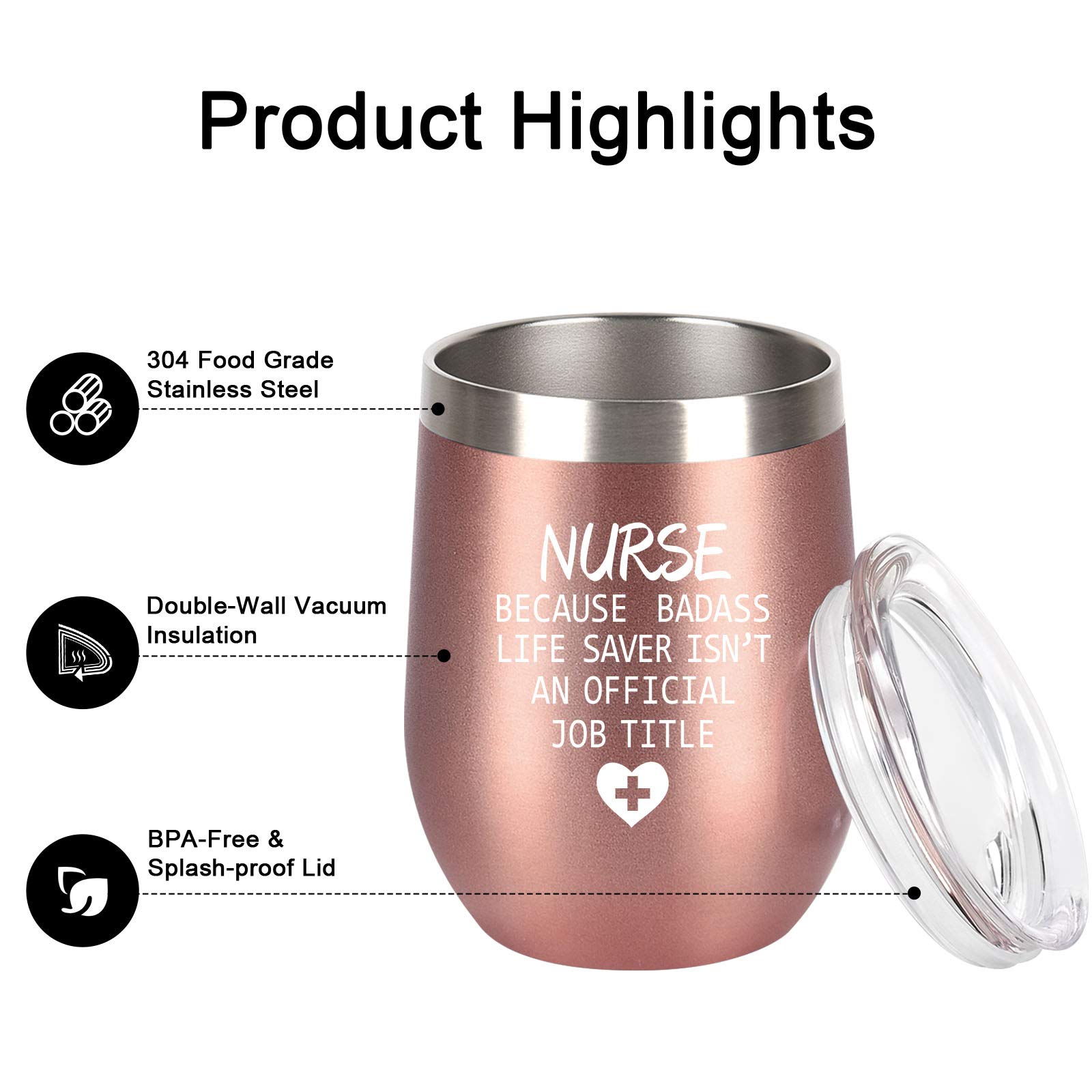 Qtencas Nurse Appreciation Gifts for Women, Nurse Because Badass Stainless Steel Wine Tumbler with Lid, Funny Birthday Christmas Gifts for Nurse Friends Coworkers Sister(12oz, Rose Gold)