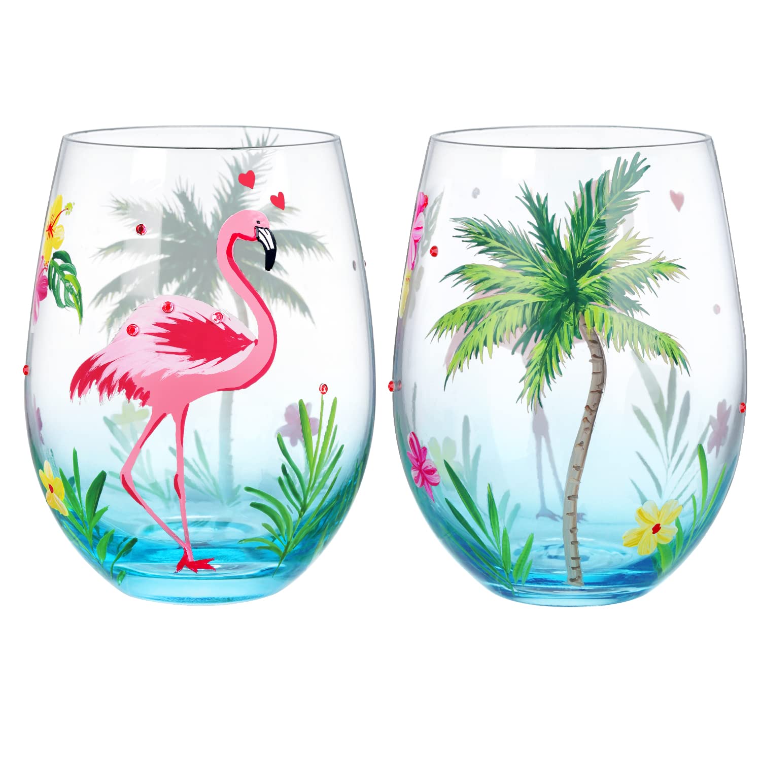 NymphFable Set of 2 Flamingo Stemless Gin Cocktail Glass Tumbler Hand Painted Wine Glass Flamingo Gifts for Women with Gift Box, 18oz