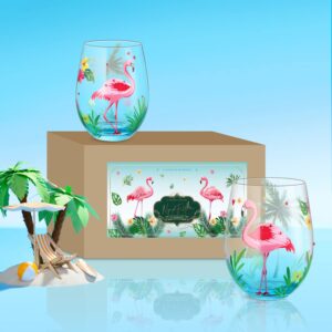 NymphFable Set of 2 Flamingo Stemless Gin Cocktail Glass Tumbler Hand Painted Wine Glass Flamingo Gifts for Women with Gift Box, 18oz