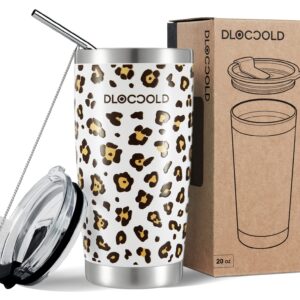 DLOCCOLD 20 oz Leopard Tumbler with Lid and Straw, 18/8 Stainless Steel Vacuum Insulated Tumbler,Insulated Travel Mug Water Cup with Leak-Proof Flip Lid,Metal Straw,Cleaning Brush & Gift Box