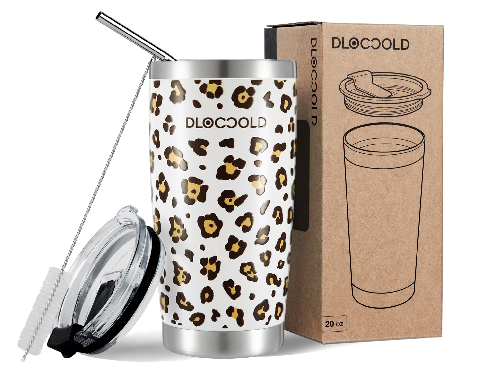 DLOCCOLD 20 oz Leopard Tumbler with Lid and Straw, 18/8 Stainless Steel Vacuum Insulated Tumbler,Insulated Travel Mug Water Cup with Leak-Proof Flip Lid,Metal Straw,Cleaning Brush & Gift Box