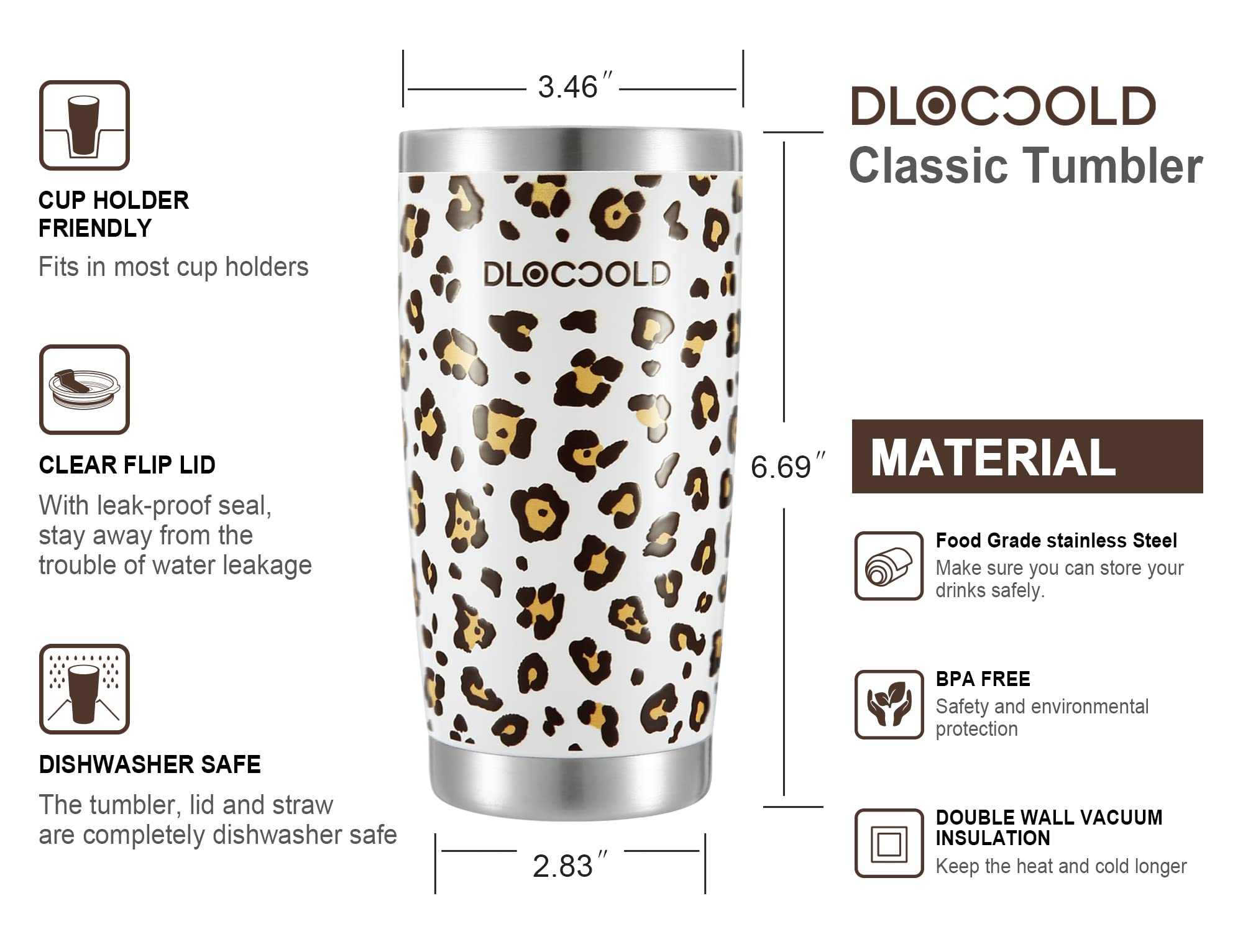 DLOCCOLD 20 oz Leopard Tumbler with Lid and Straw, 18/8 Stainless Steel Vacuum Insulated Tumbler,Insulated Travel Mug Water Cup with Leak-Proof Flip Lid,Metal Straw,Cleaning Brush & Gift Box