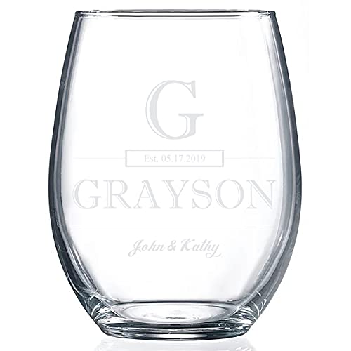 Personalized Wedding Wine Glass, Premium 21oz Stemless Wine Glass Laser Engraved with your Wedding or Anniversary Information! Customized Gifts for Women Anniversary Gifts or Couples Gifts