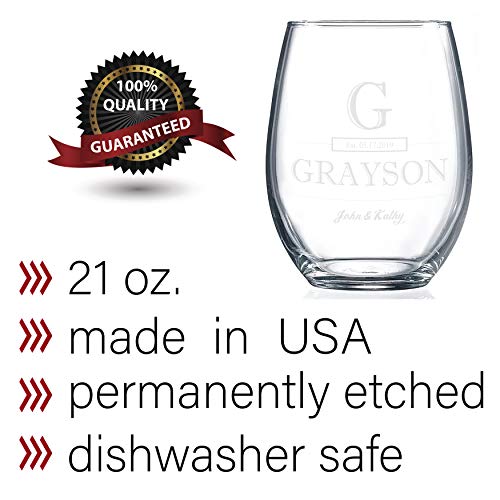 Personalized Wedding Wine Glass, Premium 21oz Stemless Wine Glass Laser Engraved with your Wedding or Anniversary Information! Customized Gifts for Women Anniversary Gifts or Couples Gifts