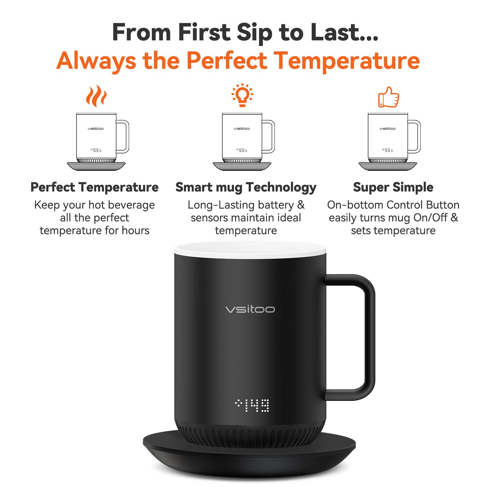 vsitoo S3 Temperature Control Smart Mug 2 with Lid, Self Heating Coffee Mug 10 oz, LED Display, 90 Min Battery Life - App&Manual Controlled Heated Coffee Mug - Improved Design - Perfect Coffee Gifts