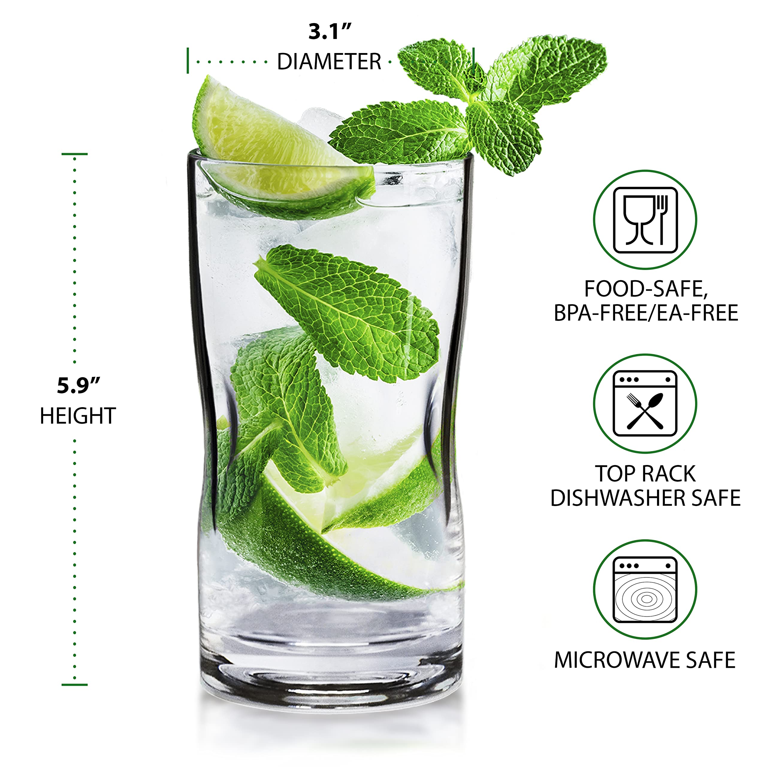 Bravario Unbreakable Plastic Drinking Glasses 17 oz | Dishwasher Safe Shatterproof 100% Tritan Water Tumblers | BPA Free Reusable Outdoor Highball Drinkware | Set of 4