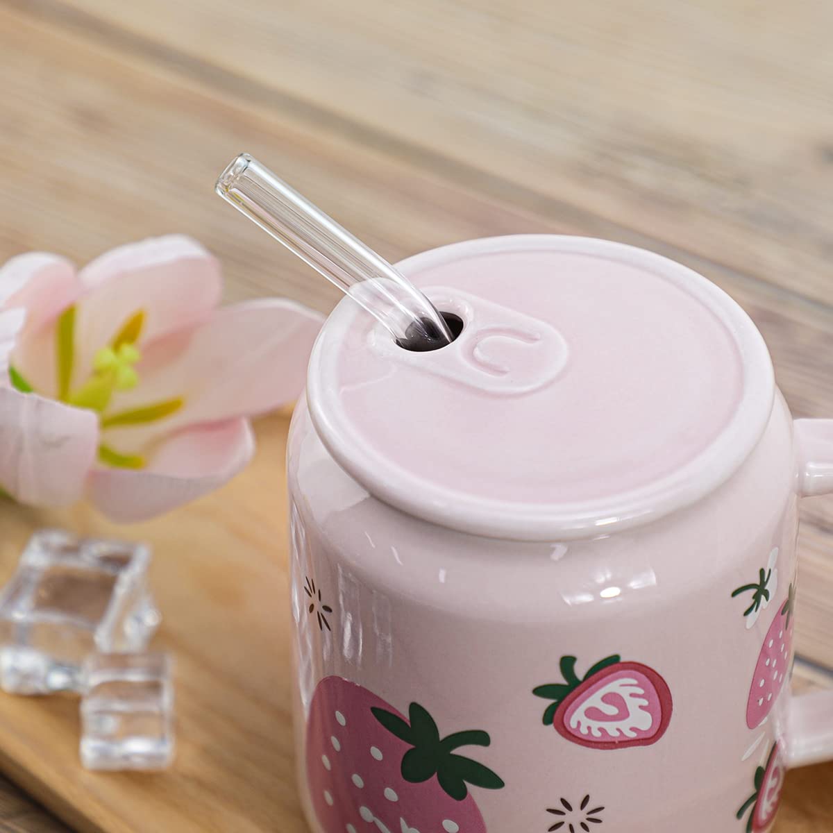 Sizikato Porcelain Mug with Lid and Straw, 13 Oz Water Cup with Handle, Cute Strawberry Pattern