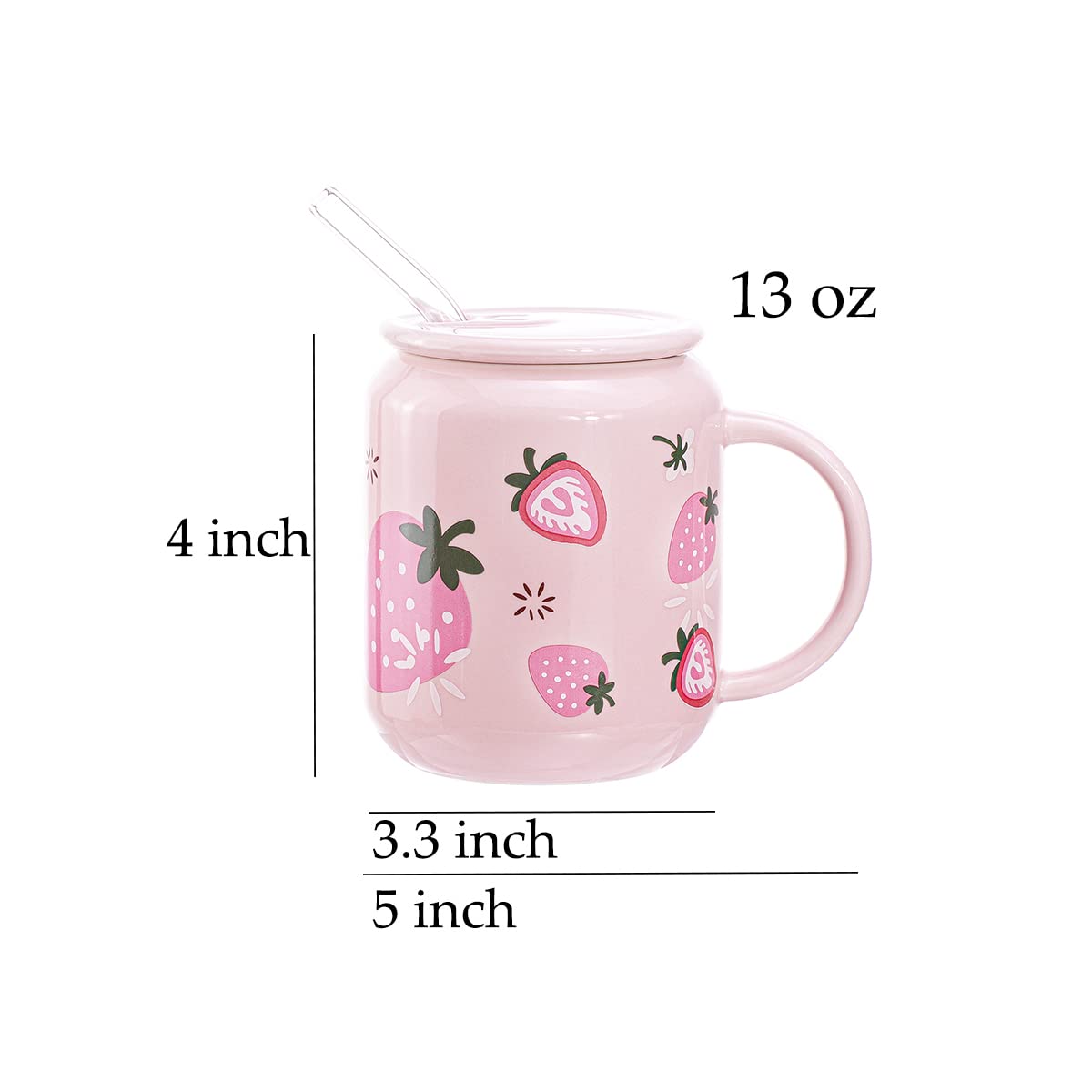 Sizikato Porcelain Mug with Lid and Straw, 13 Oz Water Cup with Handle, Cute Strawberry Pattern