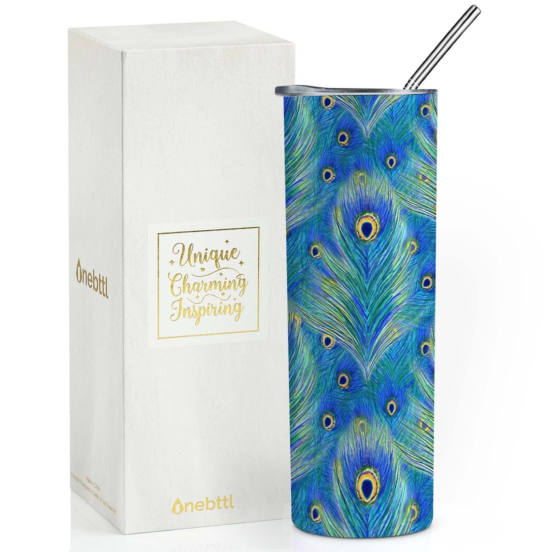 Onebttl Peacock Skinny Tumbler Gifts For Women, Female and Her - Peacock Feather - 20oz/590ml Stainless Steel Insulated Tumbler with Straw, Lid - Gift for Peacock Lovers