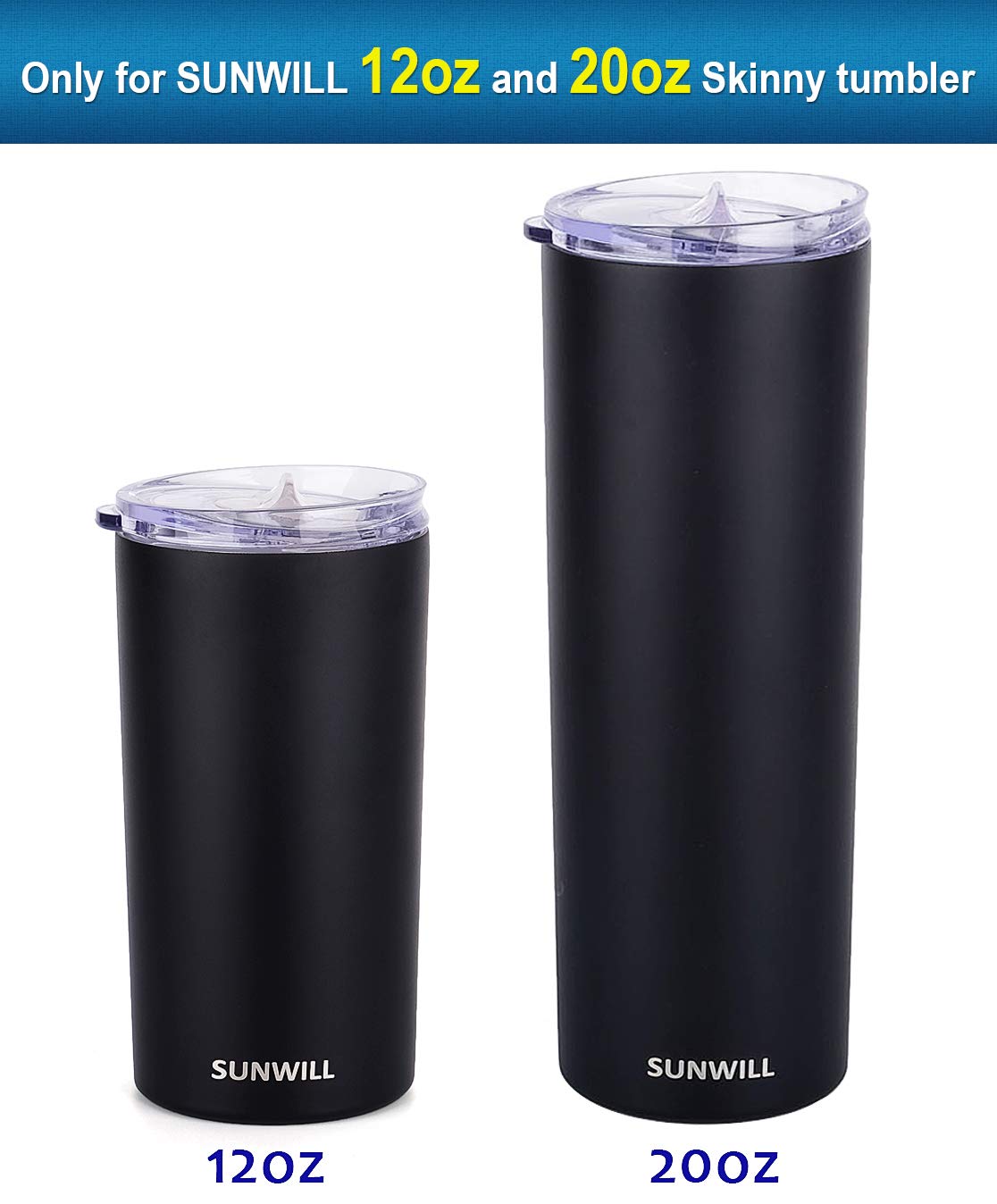 Lid for SUNWILL 12oz and 20oz Skinny Tumblers Only, Spill and Splash Resistant Sliding Covers Replacement 2 Pack, Straw Friendly, BPA Free