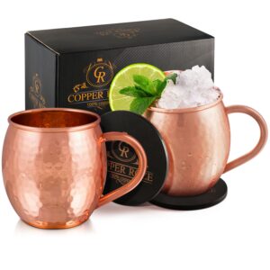 koolbrew copper roze moscow mule copper mugs gift set of 2 copper mule mugs and 2 coasters, 100% pure solid copper cups with hammered finish