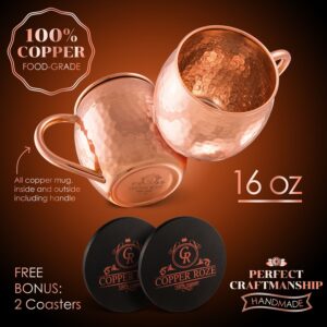 KoolBrew Copper Roze Moscow Mule Copper Mugs Gift Set of 2 Copper Mule Mugs and 2 Coasters, 100% Pure Solid Copper Cups with Hammered Finish